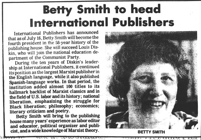 Betty Smith, longtime CPUSA leader and director of International ...